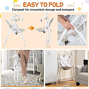 BABY JOY Baby Swings for Infants, Portable Rocker w/ 5 Swing Speeds, 3-Position Adjustable Backrest, 3 Timer Settings, 12 Melodies and 5 Natural Sounds, Compact Swing Chair for Toddlers (Beige)