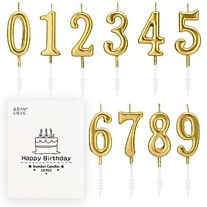 Beanlieve 10-Pieces Numeral Birthday Candles - Cake Numeric Candles Number 0 1 2 3 4 5 6 7 8 9,Used for Cake Decoration on Birthday Parties and Wedding Anniversary Celebrations(Champagne Gold)