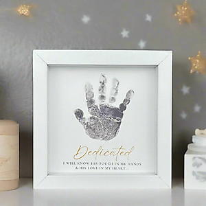 The Grandparent Gift Company- White Shadowbox Frame 6 x 6 Table or Shelf Frame with “Dedicated” Sentiment- Baby Handprint Dedication Gifts