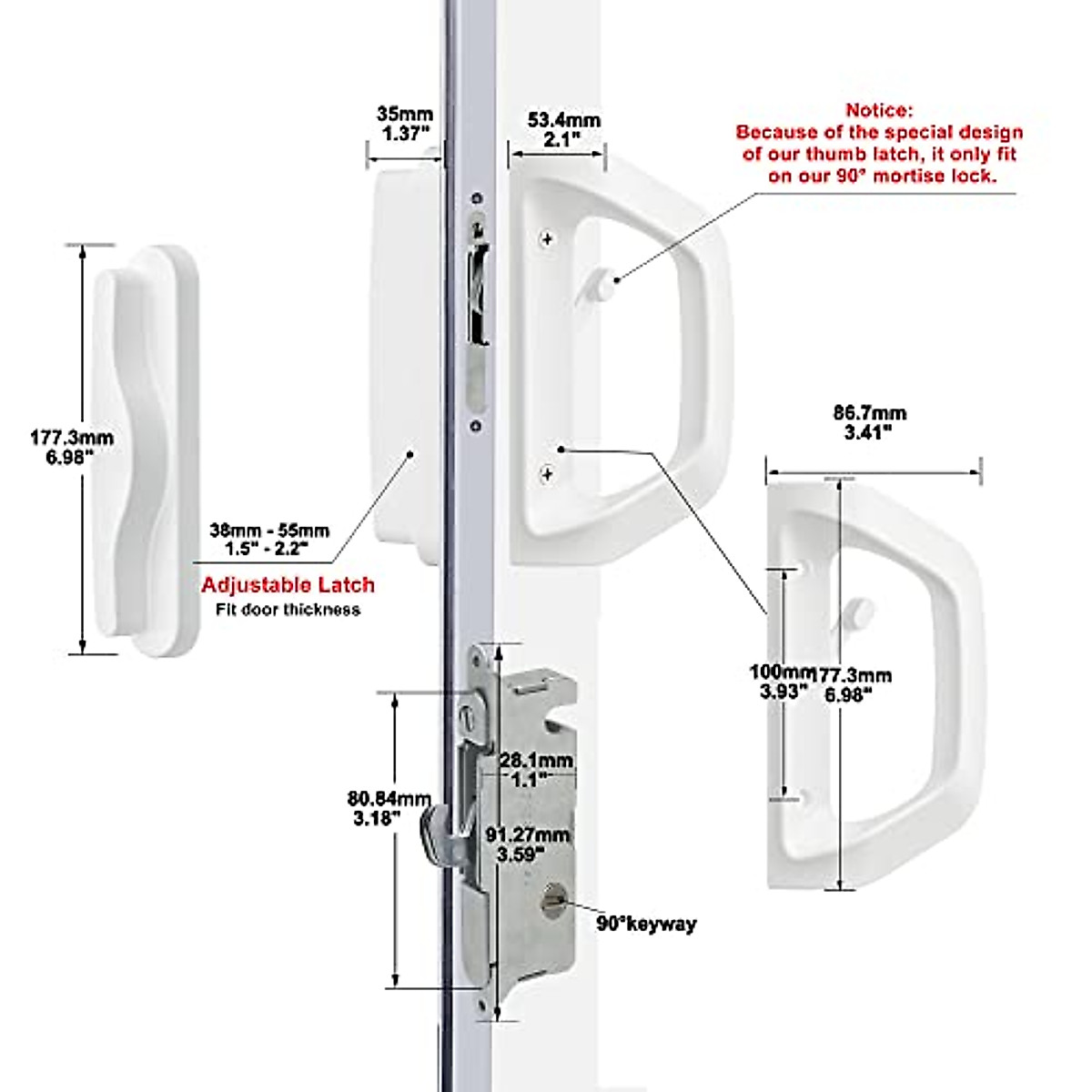 EASILOK Sliding Door Lock Patio Door Handle Set with Mortise Lock Sliding Glass Door Lock Replacement Convertible Fits Door Thickness from 1-1/2" to 2-4/25",3-15/16''Screw Hole Spacing