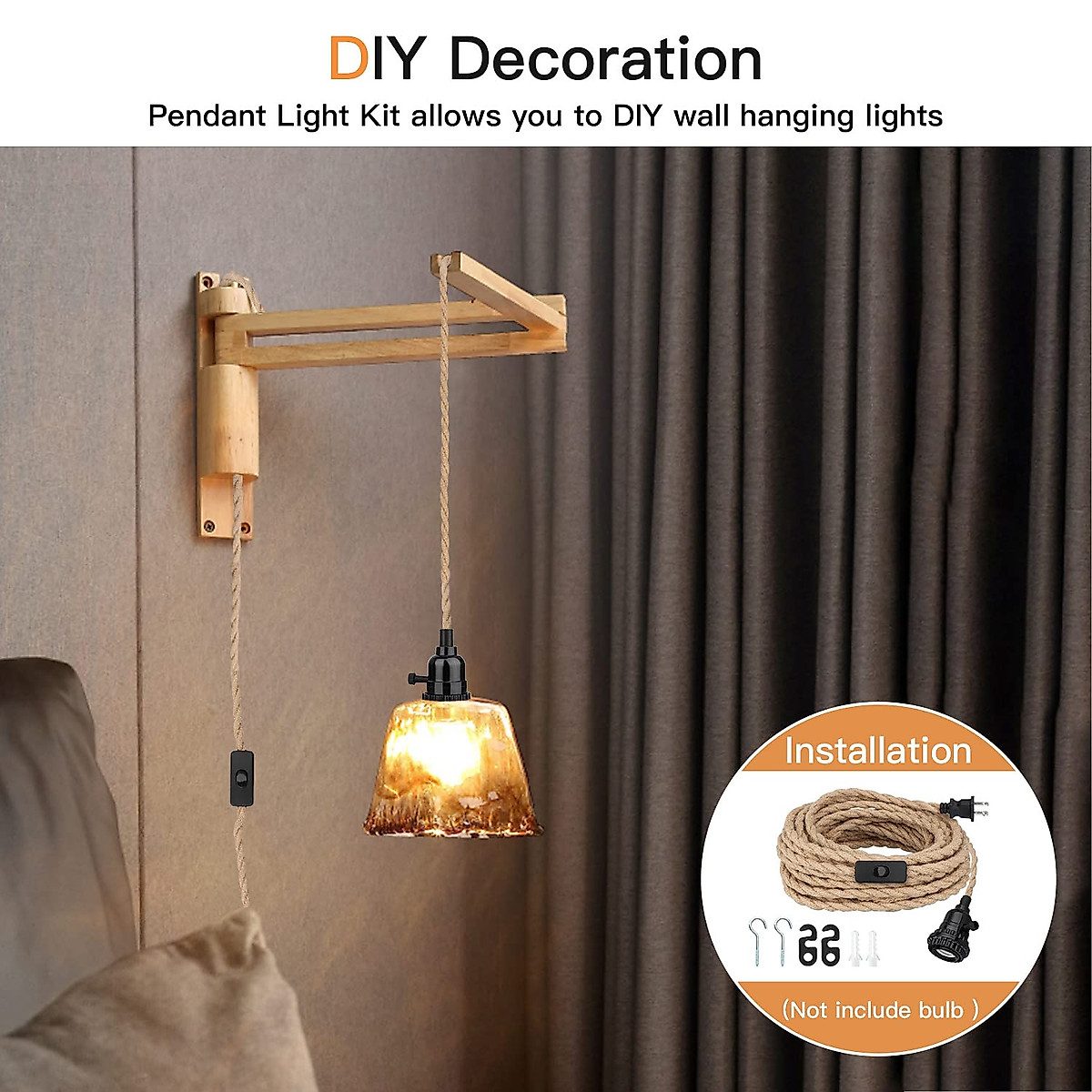 Zevnico 16.5FT Pendant Light Kit, Hanging Lights with Plug in Cord & Switch, Hemp Rope Swag E26 Socket Pendant Lamp, Extension Lantern Cable Vintage Farmhouse Industrial Retro DIY Decoration Fixtures