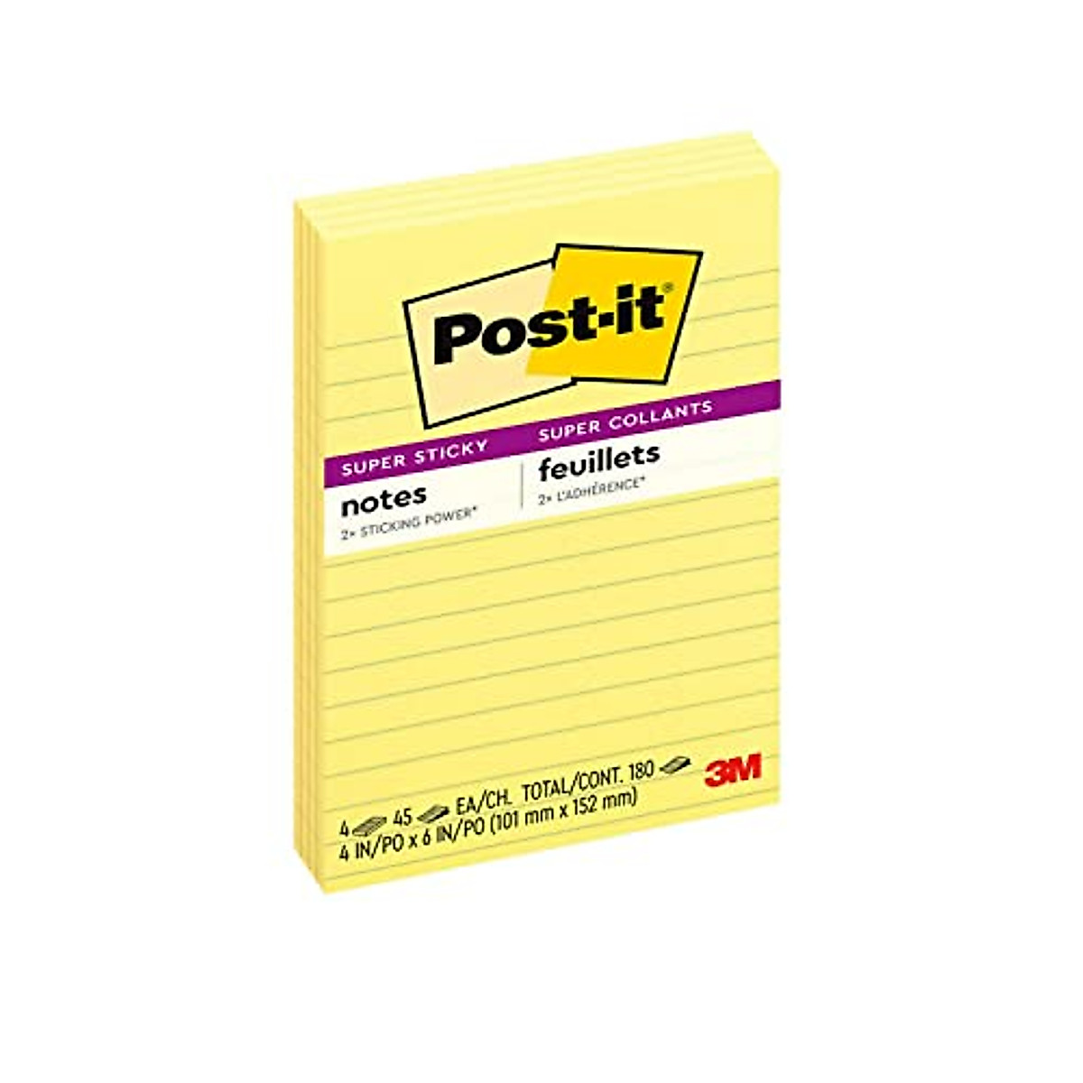 Post-it Super Sticky Notes, 4x6 in, 4 Pads, 2x the Sticking Power, Canary Yellow, Recyclable (4621-SSCY)