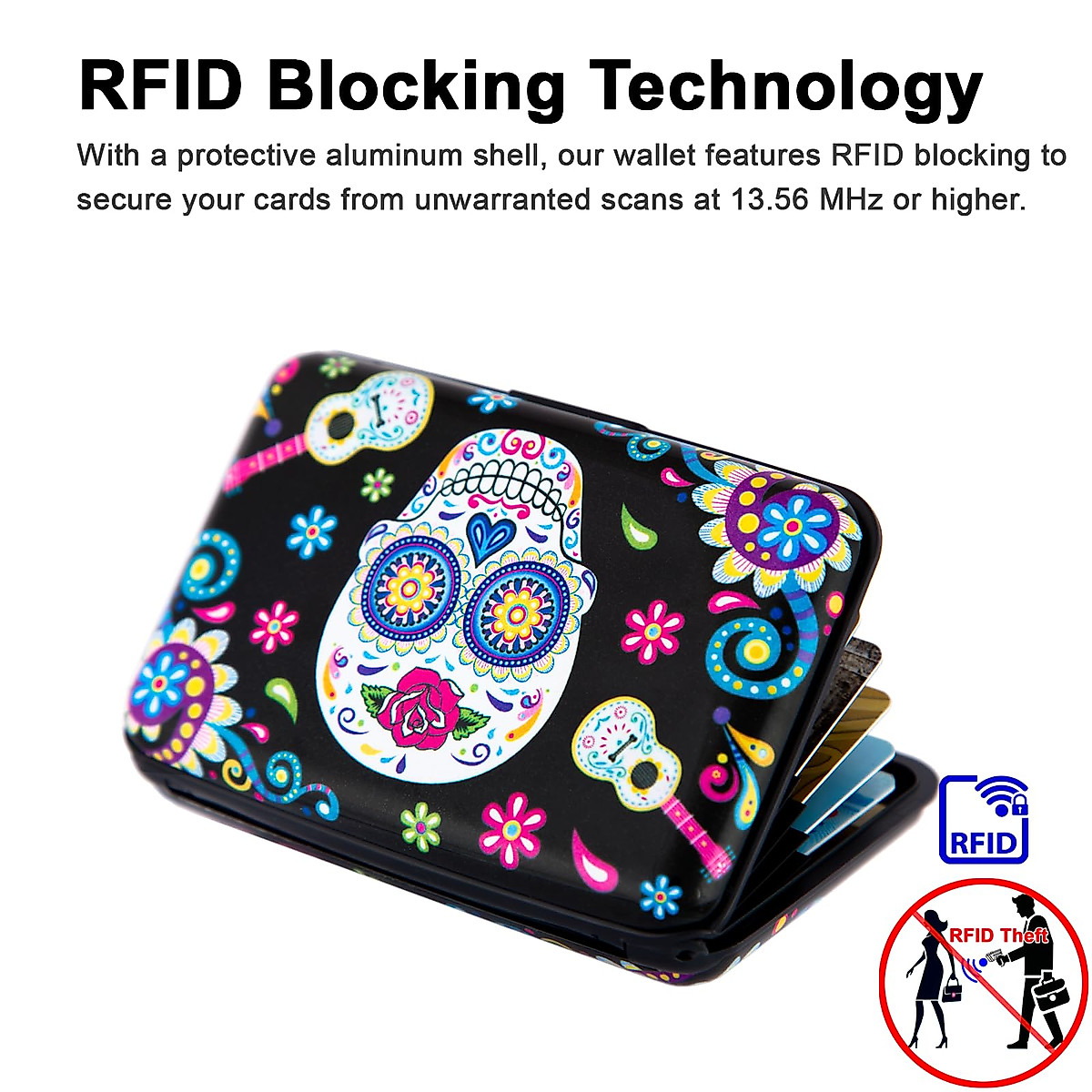 Kaabao Credit Card Holder Small RFID Blocking Wallet Business Metal Slim Mini Aluminum Hard Case for Women Men Gift (B Sugar Skull)