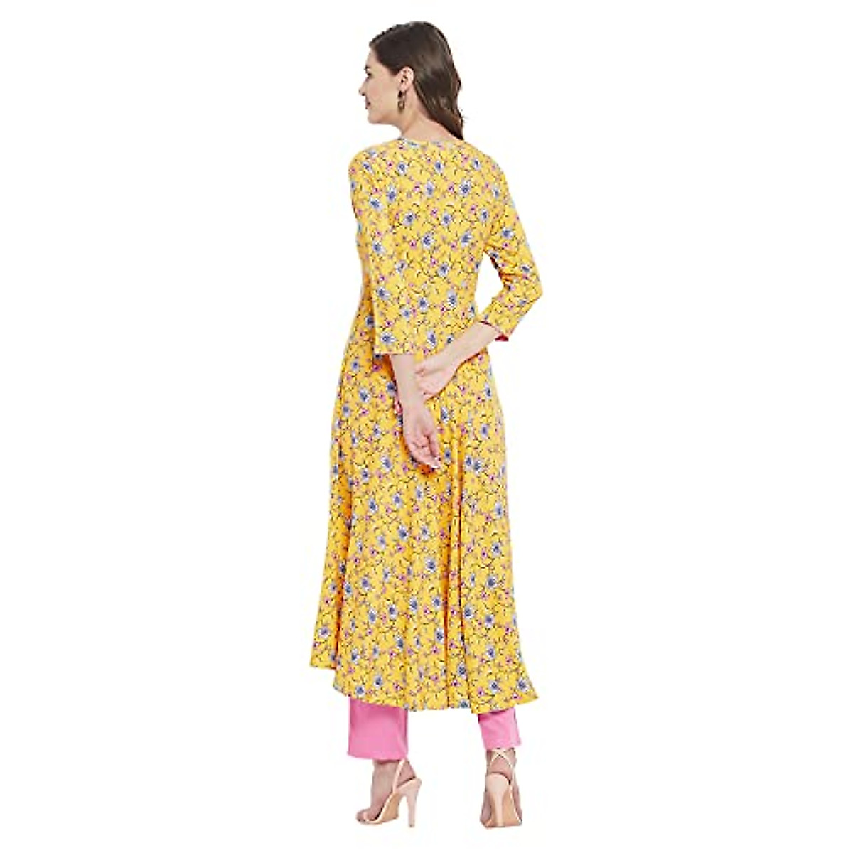 Tissu Women's Rayon Yellow & Pink Floral Printed A-Line Kurta 2136_Yellow_S