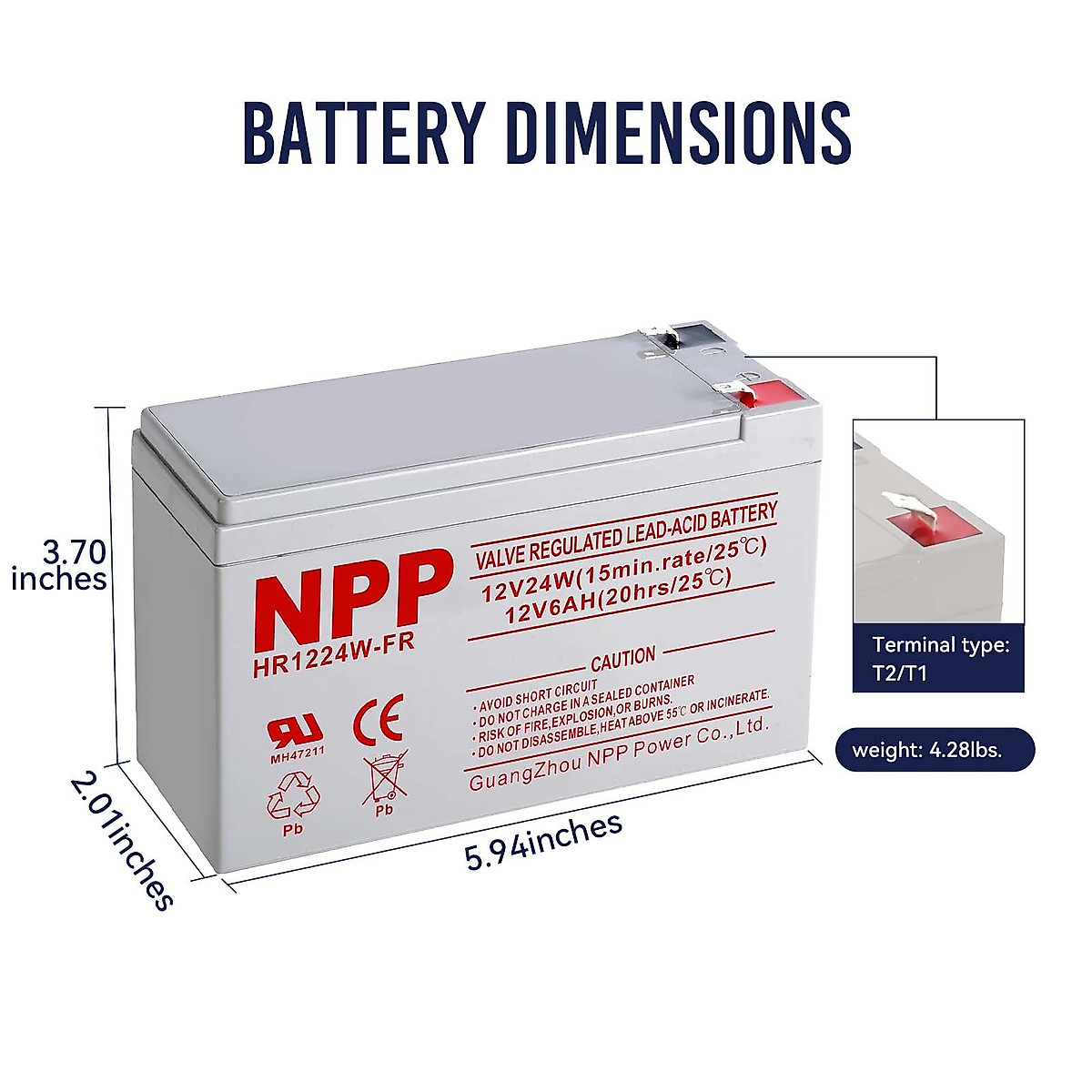 NPP HR1224W 12V 144Watts 24Watt/ Cell AGM Sealed Lead Acid Rechargeable UPS Battery, Replace 12V 6Ah, 6.5Ah APC Back-UPS NS 1250, Flame Retardant High Rate UPS Battery