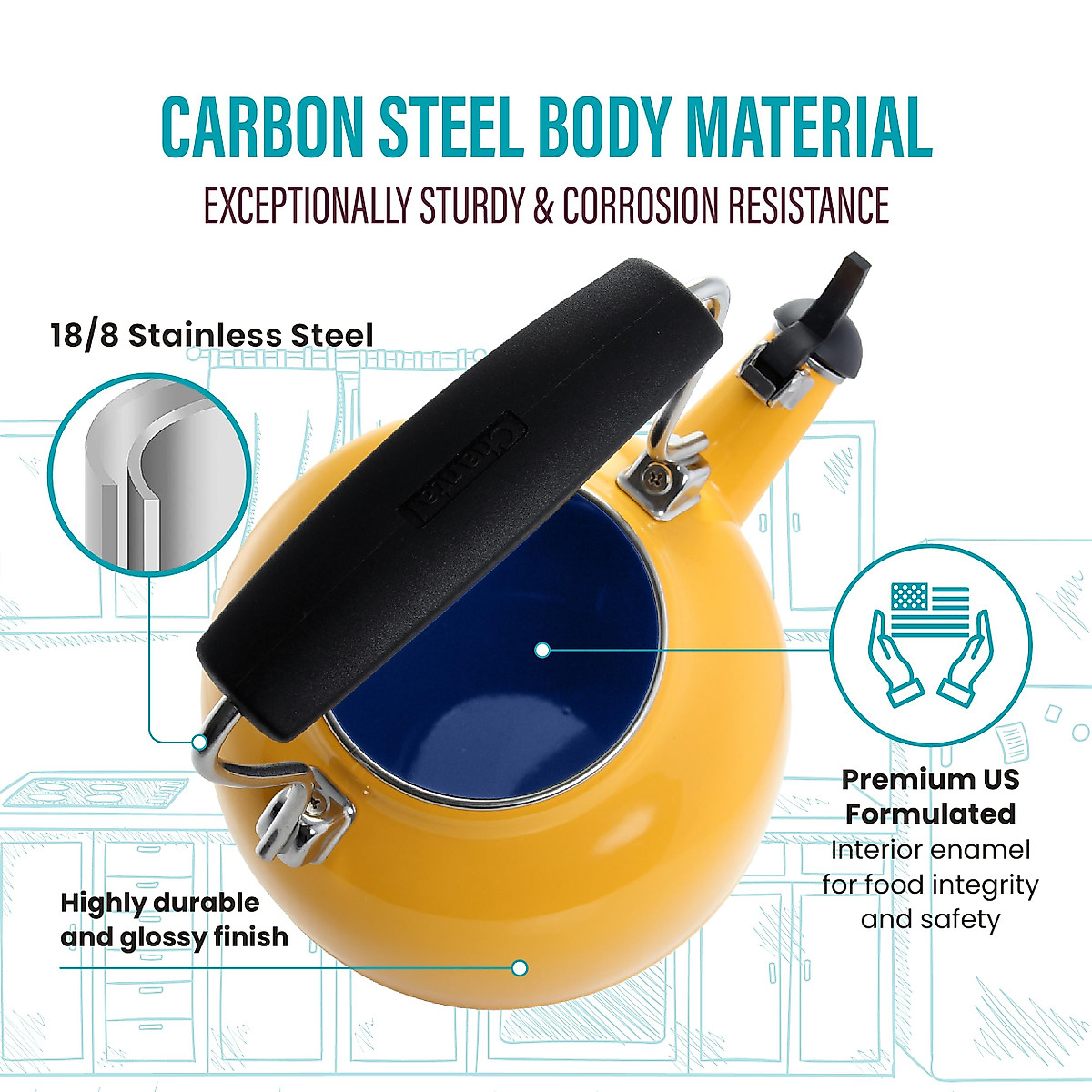 Chantal Tea Kettle, 1.7 QT, Vintage Series, Premium Enamel on Carbon Steel, Whistling, Even Heating & Quick Boil (Marigold)