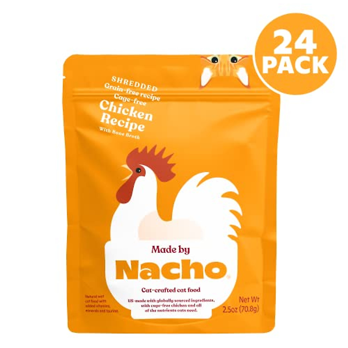 Made by Nacho Wet Cat Food Broth Meal Topper, Cage-Free Shredded Chicken in Bone Broth for Extra Hydration, Limited-Ingredient Sensitive Diet, 24 Pouches 2.5oz