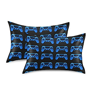 Oyihfvs Video Game Joystick Gamepad in Blue Neon Lights Isolated on Black Silky Satin Pillowcase for Hair and Skin, Soft Bed Pillow Cover, Decorative Silk Pillow Cases, King Size 20x40 inches