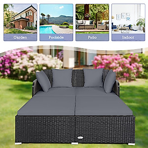 RELAX4LIFE Rattan Patio Outdoor Daybed, Wicker 2-Person Sunbed Loveseat with Soft Cushions, 4 Pillows, Curved Backrest & Armrest, Double Bed Lounger Sofa Set for Balcony Porch, Patio Bed (Grey)