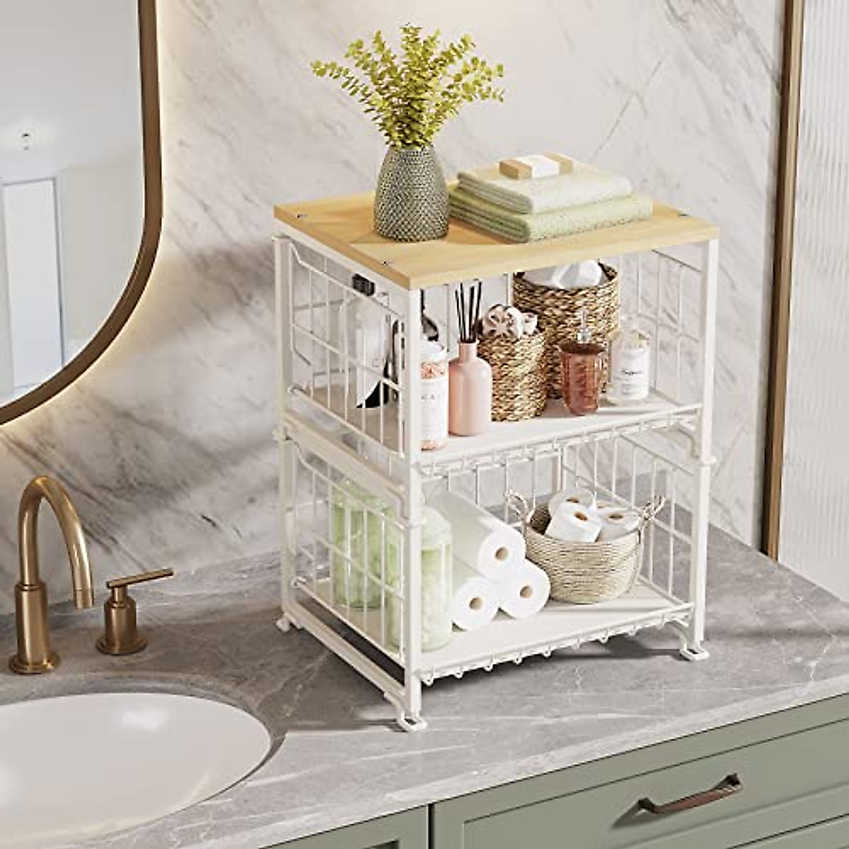 1Easylife Kitchen Counter Basket Wire Basket with Bamboo Top, 2 Tier Detachable Fruit Basket Metal Mesh Bin for Kitchen Organization and Storage, Spice Rack Organizer (White)