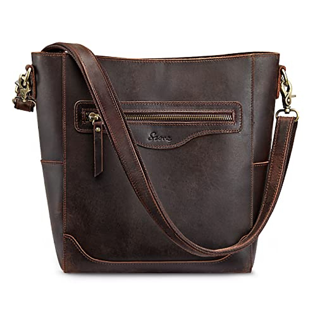 S-ZONE Women Genuine Leather Bucket Shoulder Bag Vintage Crossbody Purse with Outer Pocket