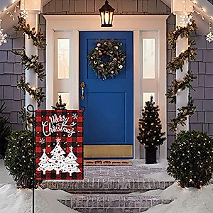 hogardeck Merry Christmas Garden Flag, Buffalo Plaid Check Tree Burlap Christmas Decorations, Vertical Double Sided Winter Decor, Bell & Star Outdoor Indoor Yard Flag 12.5x18 Inch