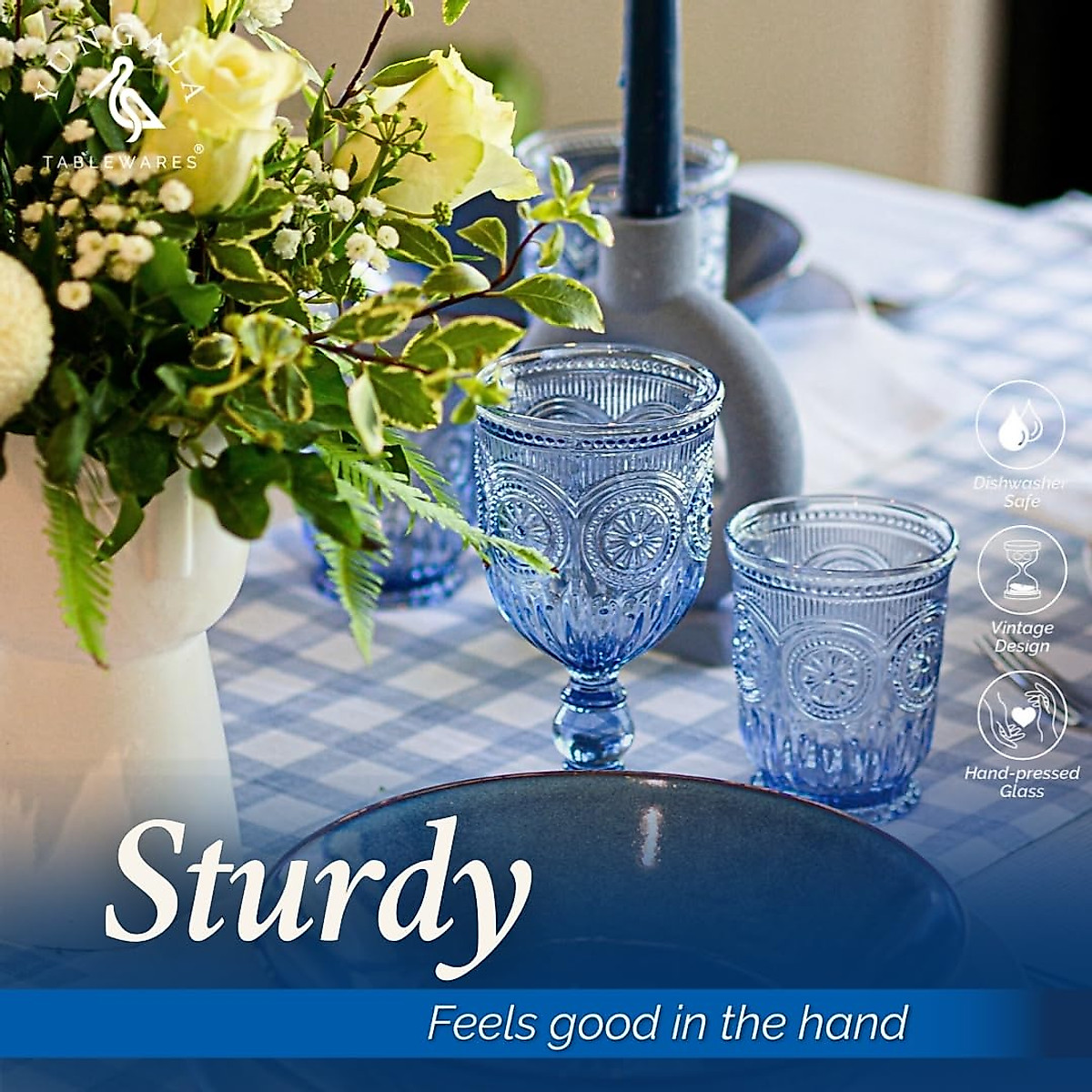 Yungala Blue Glassware set of 6 small dishwasher safe colored glasses, Blue glass cups, matching highball and wine glasses available