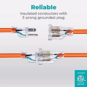 KMC 50ft 16AWG Outdoor Extension Cord, SJTW 16/3 Lighted Power Cord, Bright Orange, ETL Certified (50ft/15.24m)