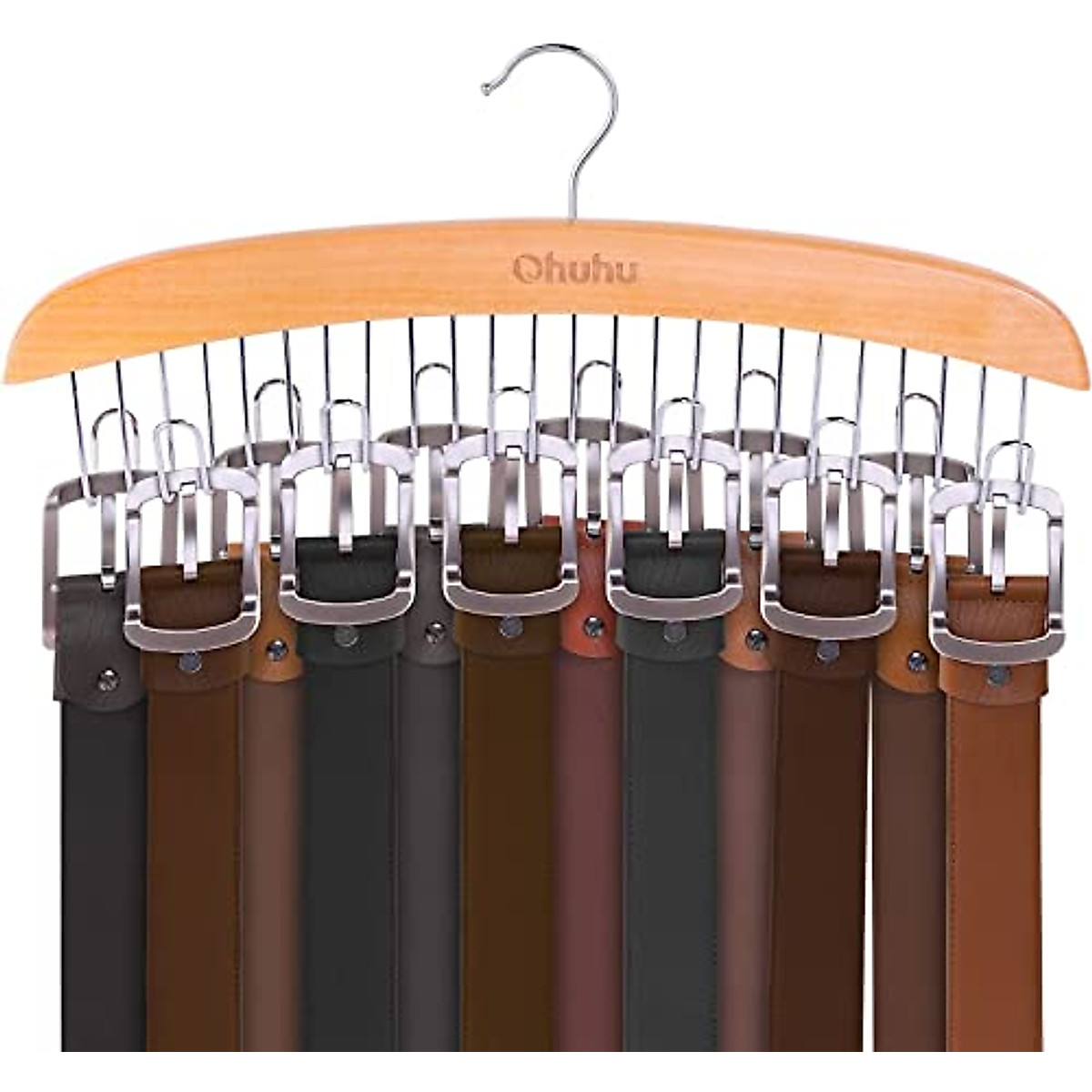 Belt Hanger Organizer for Closet, Ohuhu Wooden 12 Hooks Belt Rack Tie Holder for Storage, 360 Degree Rotating Belt Display Space Saver for Men Women Belt Tie Scarf Tank Top Accessories