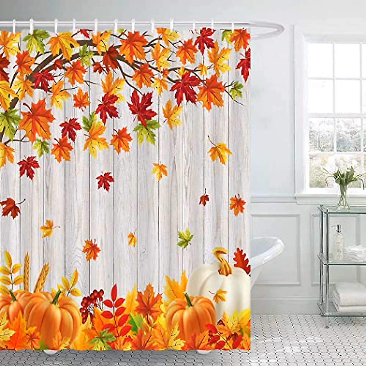 Juirnost Fall Shower Curtain Autumn Thanksgiving Day Pumpkin Shower Curtain Farmhouse Falling Maple Leaves Rustic Wooden Board Shower Curtain Home Bathtubs Decors 12 Hooks Washable Polyester 72"x72"