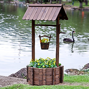 AMERLIFE Wooden Wishing Well - Height Adjustable Hanging Bucket, Wishing Well Planter with Reinforced Rod Outdoor Home Decor, Flower Planter for Front Yard Ornaments