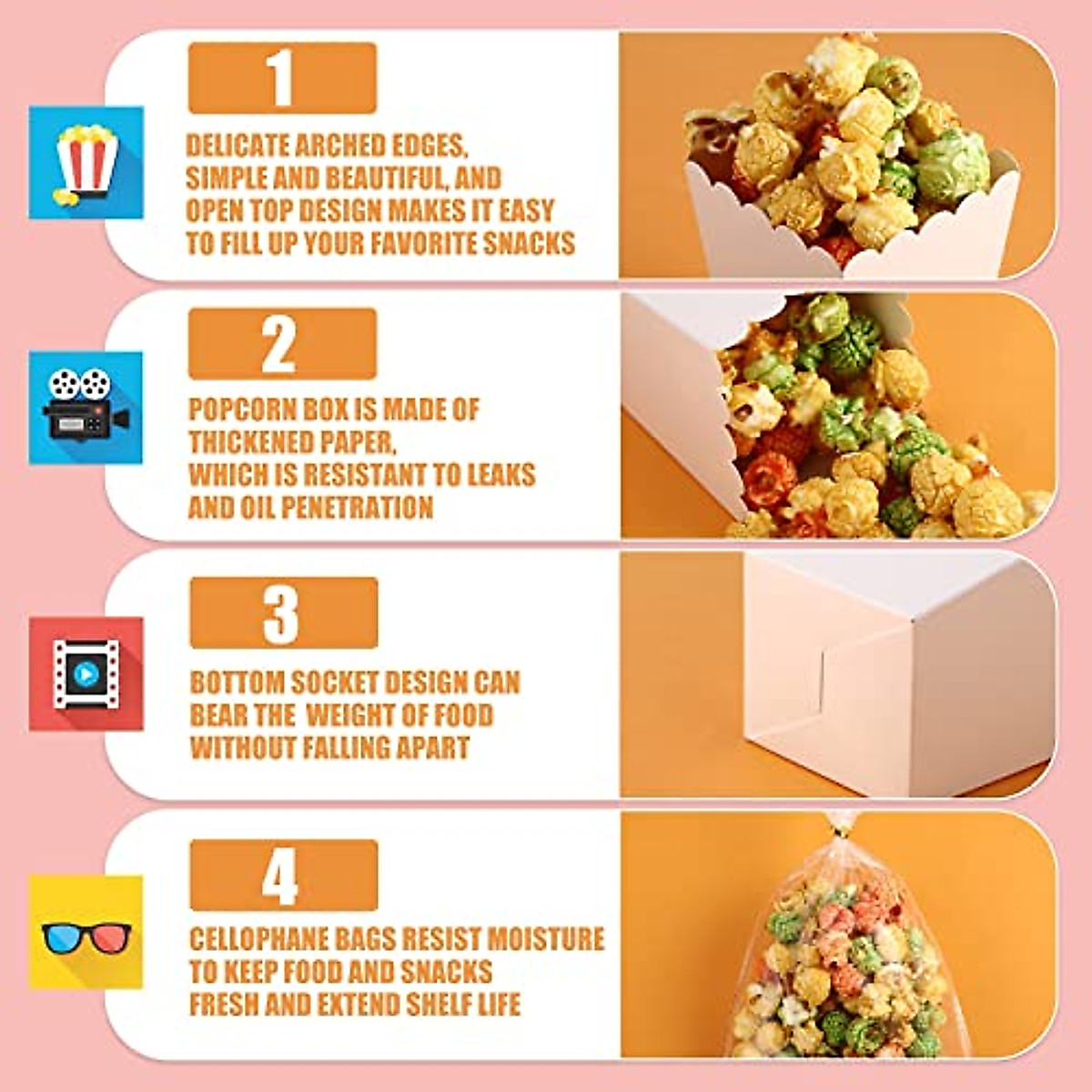 Mini White Popcorn Boxes and Clear Treat Bag Set- Bulk Open Top Paper Popcorn Containers with Treat Bags, Popcorn Candy Boxes for Movie Nights, Party Supplies, 3 x 4 inch (200 Pcs)