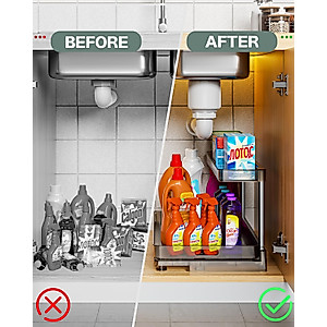 Under Sink Organizer and Storage, 2 Tier Sliding Under Sink Shelf, L Shaped Pull Out Cabinet Basket Organizer, Multi-Purpose Slide Out Organizer Rack for Bathroom, Kitchen