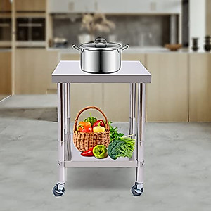 Fichiouy Rolling Stainless Steel Workstation Food Prep Worktable with Undershelf, Stable Heavy Duty Commercial Table with Wheels Easy Assembly