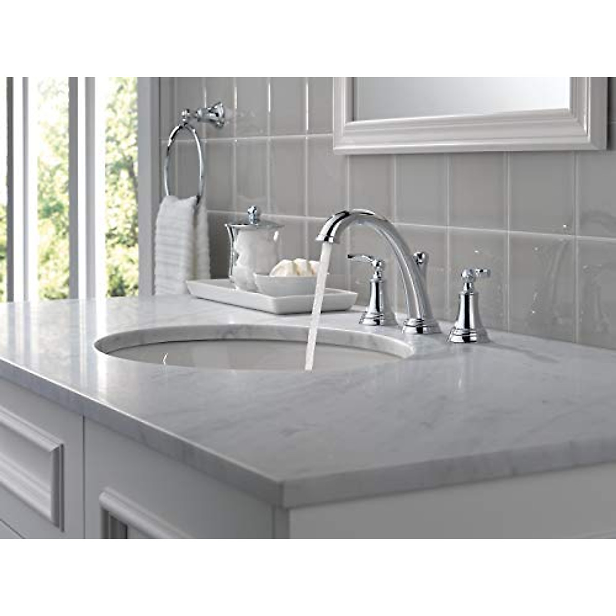 Delta Faucet Woodhurst Widespread Bathroom Faucet Chrome, Bathroom Faucet 3 Hole, Bathroom Sink Faucet, Metal Drain Assembly, Chrome 3532LF