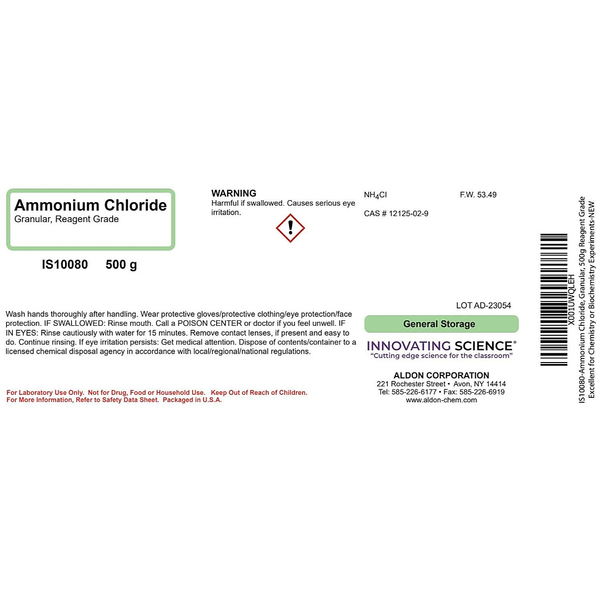 ALDON Innovating Science Ammonium Chloride, Granular, 500g - Reagent Grade - Excellent for Chemistry or Biochemistry Experiments - The Curated Chemical Collection