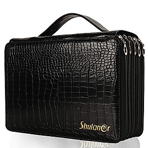 Shulaner 160 Slots Gel Pen or Colored Pencil Case with Zipper Closure Large Capacity PU Leather Pen Organizer for Student or Artist Black