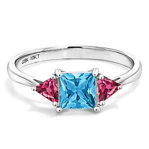 Gem Stone King 10K White Gold Swiss Blue Topaz and Pink Tourmaline 3 Stone Engagement Ring For Women (1.12 Cttw, Gemstone November Birthstone, Princess Center 5MM, Trillion 3.5MM) (Size 9)