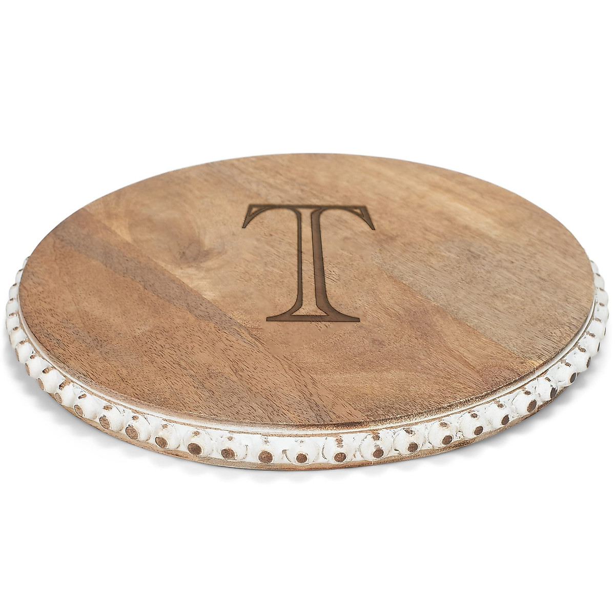 Mary Square Monogrammed T Rustic 12 inch Mango Beaded Round Serving Cutting Cheese Board