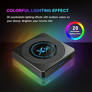 Xilibod Android TV Box Android 11 TV Box 4GB RAM 32GB ROM Amlogic S905X4 Quad Core 64 Bit Mali-G31 MP2 2.4G/5G WiFi BT4.1 USB3.0 Colorful Lighting Smart TV Box - Model No.: X96X4 4GB 32GB
