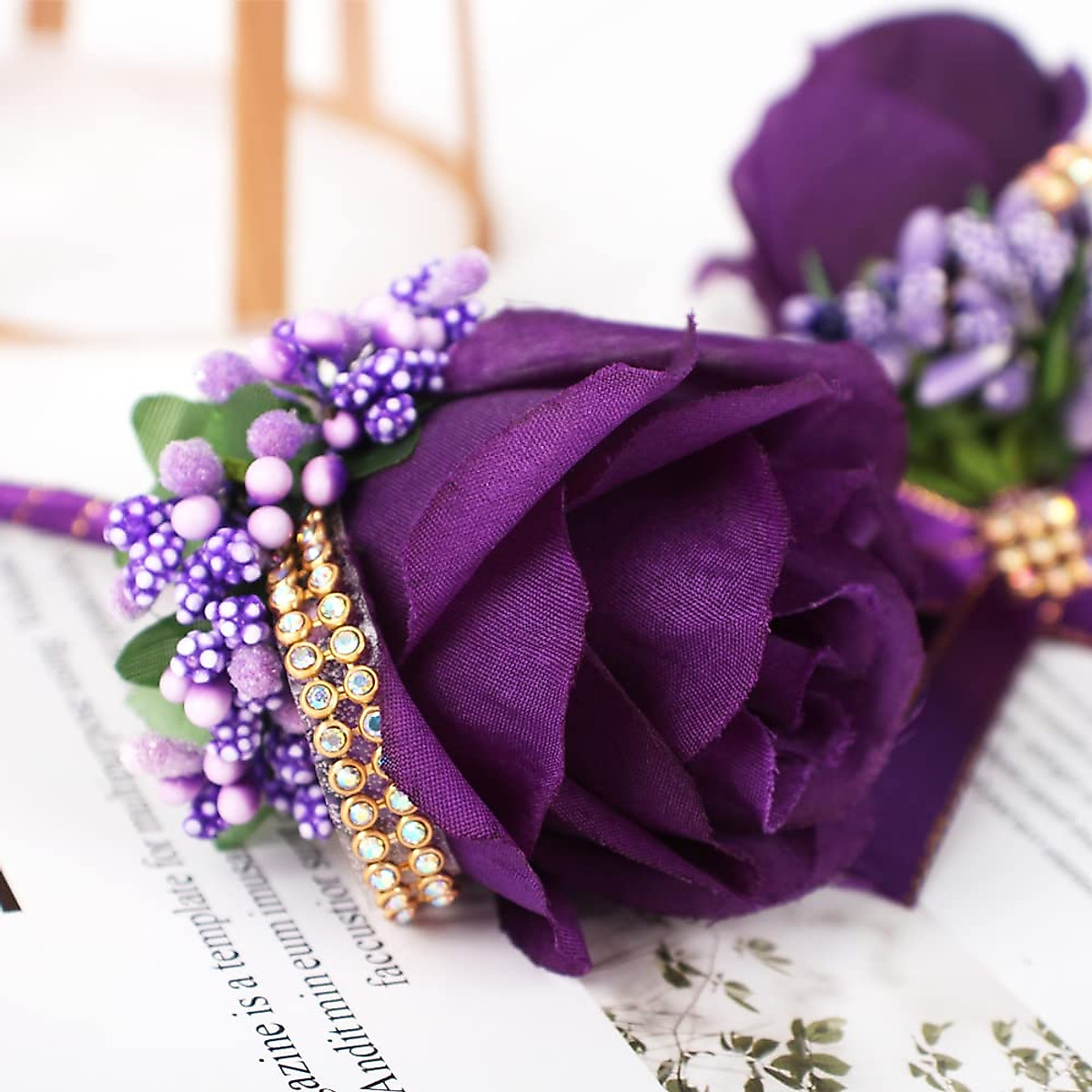 WANLIAN Rose Wrist Corsage Bridesmaid Corsage and Boutonniere Set for Wedding Prom Party Hand Flower Decoration Set of 2 (Purple)