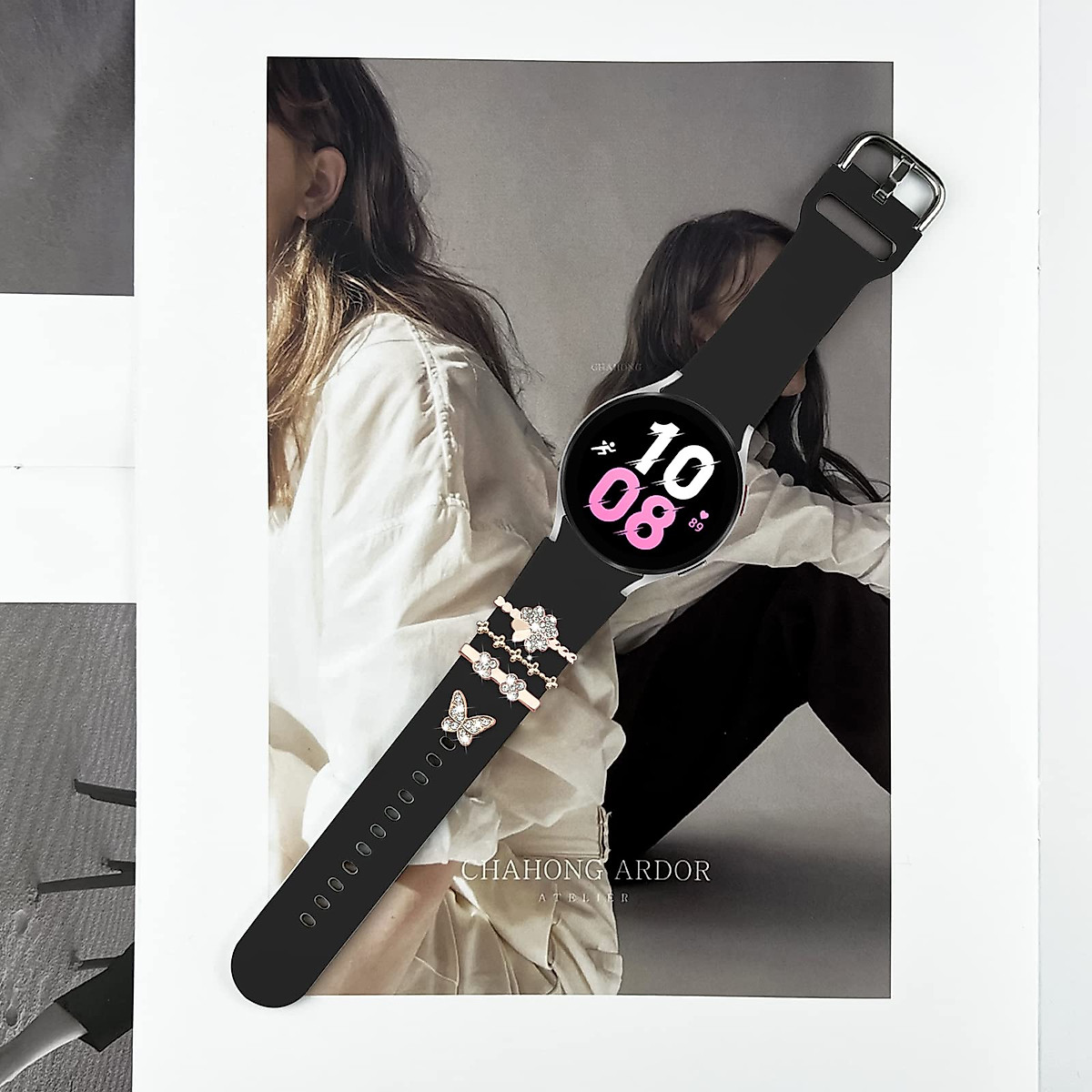 Kakurookie Band for Samsung Galaxy Watch 7 6 5 4 Band with Charms, Women Silicone Band with Metal Diamond Charms Accessories for Watch 6 Classic /Watch 5 Pro/Watch 4 Classic 47mm 46mm 44mm 43mm 42mm 40mm