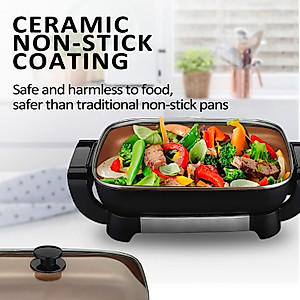 Extra-Large Nonstick Ceramic Electric Skillet - Electric Frying Pan with Lid, 12"x15" Fry Pan Adjustable Temperature Control, with Removable Pan, Dishwasher Safe