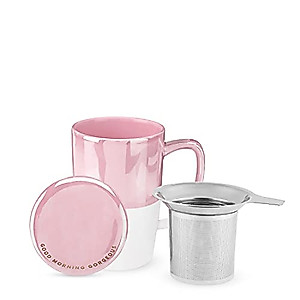 Pinky Up Delia Ceramic Tea Mug and Loose Leaf Tea Infuser, Loose Leaf Tea Accessories, Tea Tumbler Cup, Pink, 18 oz.