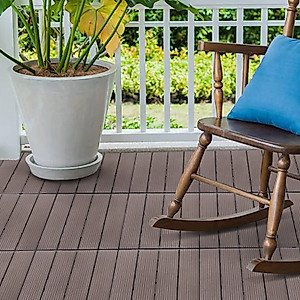 9 Pcs PE Interlocking Patio Deck Tiles, 12 x 12in 4-Slats Straight Pattern Floor Covering for Patio Shower Garden Balcony