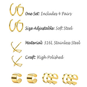 Tornito 4-10 Pairs Stainless Steel Ear Cuff Helix Cartilage Clip On Wrap Earrings Fake Nose Ring Non-Piercing Adjustable (B1: 4 Pairs, Gold Tone)