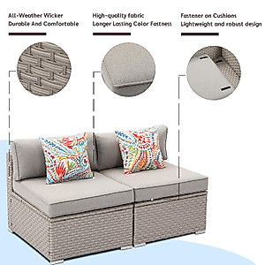 SUNBURY 2 Pieces Patio Sectional Sofa Chair, Add-on Wicker Loveseat in Off White Cushion, Elegant Brown Wicker Outdoor Furniture Seating for Backyard Garden Porch