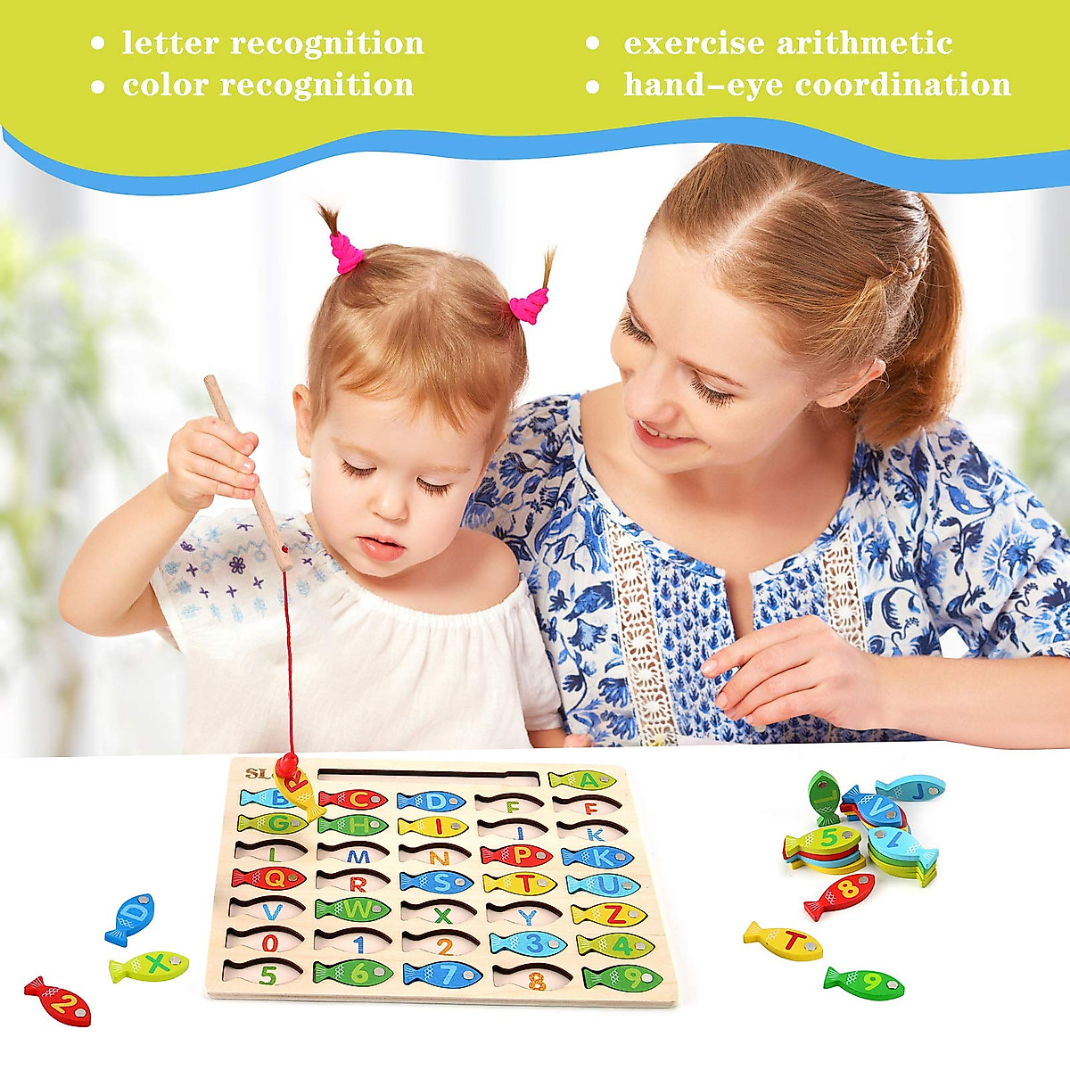 Slotic Magnetic Wooden Fishing Game Toy for Toddlers - Alphabet ABC Fish Catching Counting Learning Education Math Preschool Board Games Toys Gifts for 3 4 5 Years Old Girl Boy Kids