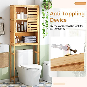 Tangkula Over The Toilet Storage Cabinet, Tall Natural Bamboo Bathroom Shelf Over Toilet with 2 Doors & Open Shelf, Freestanding Toilet Bathroom Space Saver, 24.5 x 9 x 67 Inch (Natural)