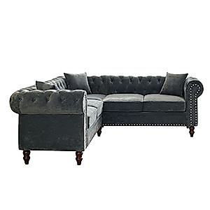 ERYE 80" Symmetrical Sectional, Button Tufted Velvet Upholstered Modular Sofa, Luxury Roll Arm Classic Chesterfield Couch,Nail Head Decor L-Shaped Corner Sofá with 3 Pillows, Grey