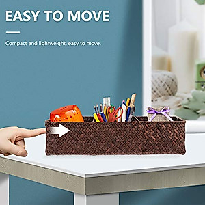 Hemoton Small Wicker Basket with Lid Wicker Cube Storage Baskets Sea Grass Woven Storage Basket Bin Sundries Organizer 3 Compartments Wicker Baskets (Coffee) Narrow Basket