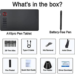 VEIKK A15Pro Graphics Drawing Tablet 10 x 6 Inch Digital Pen Tablet with 12 Shortcut Keys -1 Quick Dial and Battery-Free Passive Stylus,Supports Tilt Function,for Mac/Chrome/Windows/Linux/Android OS