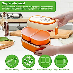 PUOENFGR Bento Lunch Box,Large Capacity Double Layer stacking with Handle with Adults,Microwave Can Be Used,Comes with Three-Piece Cutlery Set,BPA-Free,Great for Camping,Work(Moe Force Brown)