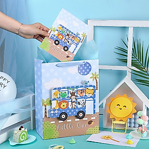 LeZakaa 16" Large Gift Bag with Tissue Paper,Hello Baby Gift Tag and Greeting Card, Purple Gift Bag with Sleeping Elephant Design for Baby Shower