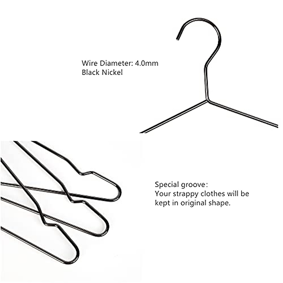 Better to U 17 Inch Black Silver Metal Hanger Adult Clothes 20 Pack, 4.0mm Heavy Duty Shirt Blouse Hanger for Coat Suit, Space Saving Slim Wire Hanger for Camisole Trousers Dress (Black Silver 20pcs)