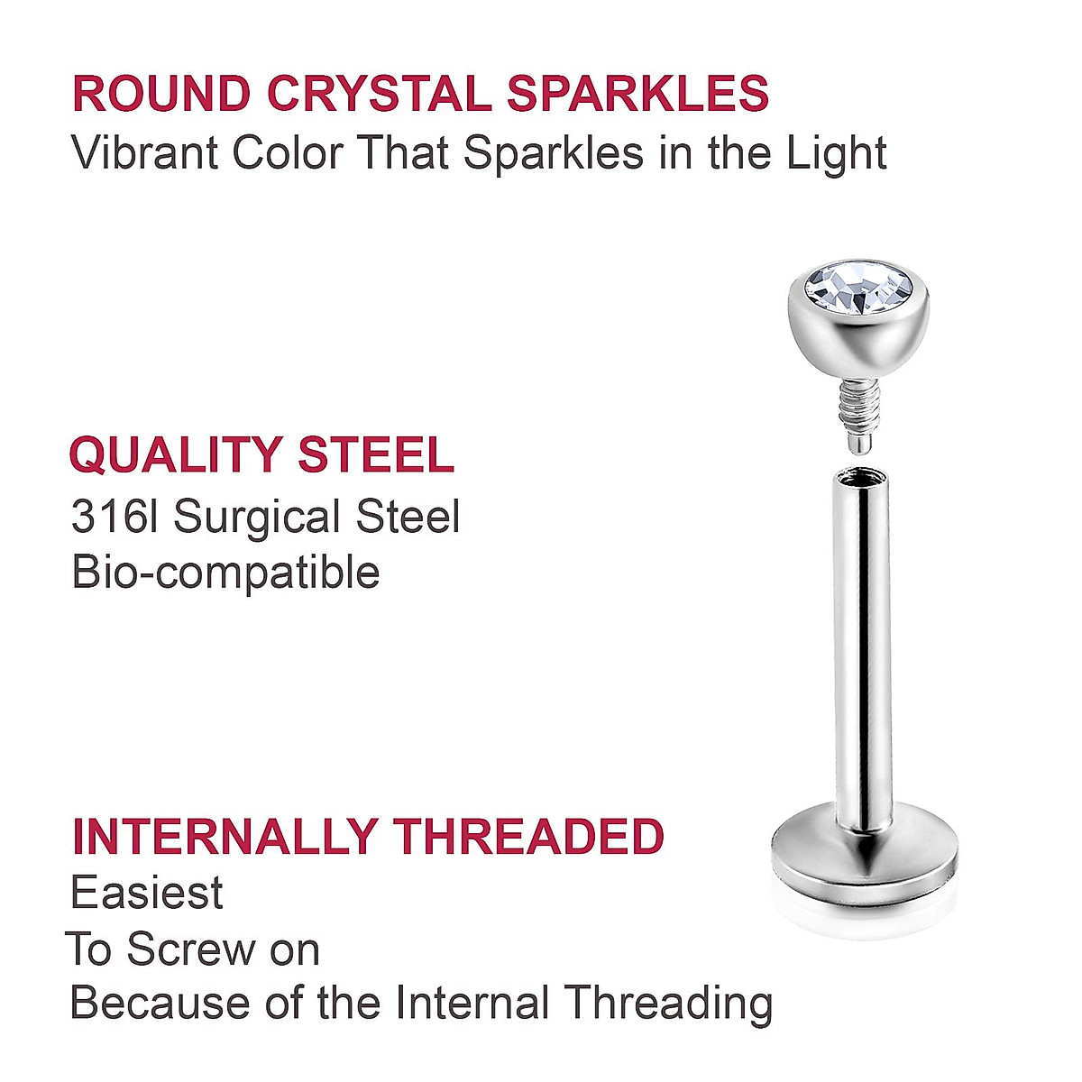 bodyjewellery 3pcs 16g 5/16 Labret Stud Lip Ring Snake Bite Conch Forward Helix Monroe Tragus Dahlia Marilyn Internally Threaded - Clear