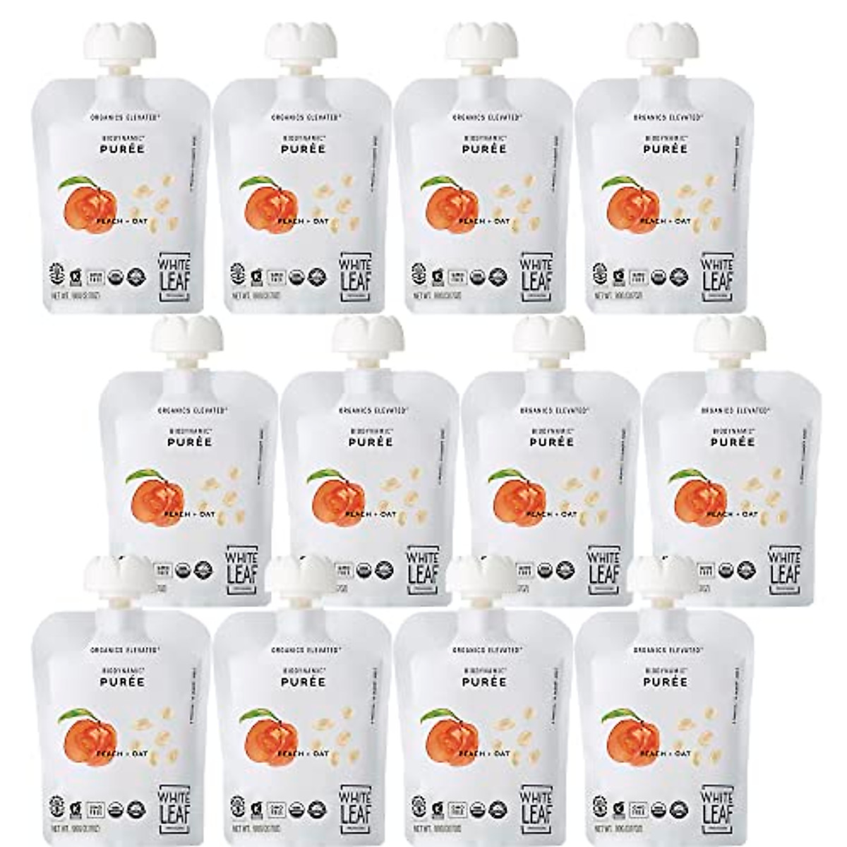 White Leaf Provisions Biodynamic Organic Baby Food – 12 x 3.17 Oz Peach + Oat Unsweetened Baby Puree Pouches - Squeezable Baby Food & Toddler Snack