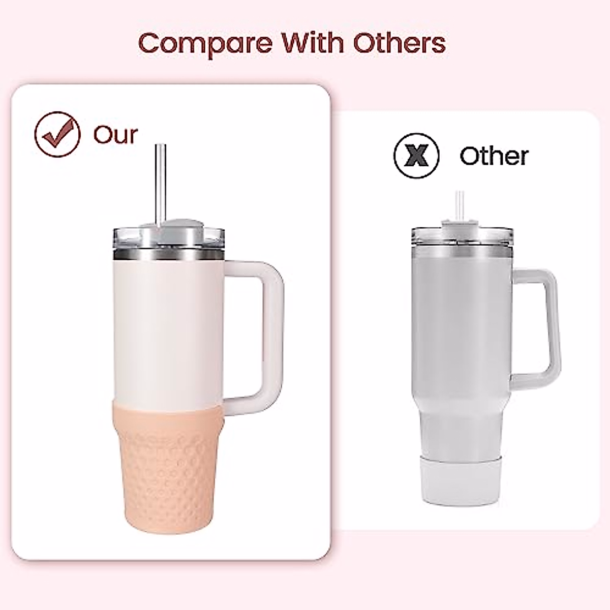 Thxbag Silicone Boot for Stanley Cup 40oz Quencher, Rose Boot Sleeve Cover Fit with Stanley H2.0 and Quencher Adventure Tumbler Accessories (40 oz, Rose Quartz)