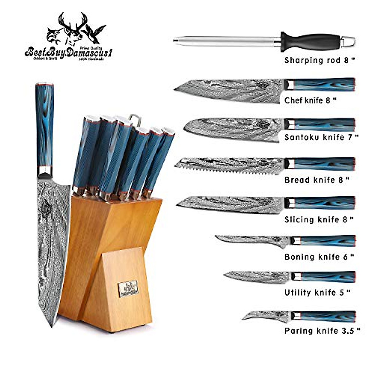 Knife Block Set 9 Pcs Japanese Aus-10 Damascus Steel Chef Knives Set High Carbon Core Stainless Steel Full Tang Chef Knife Set Blue G10 Home Kitchen Professional Knife Block Sets (Blue Round Handel)