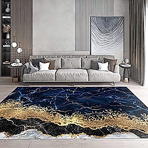 Light Luxury Black Gold Marble Area Rug, Luxury Blue Starry Gold Powder Texture Indoor Rugs, Non-Slip Easy Care Carpet for Living Room Bedroom Apartment Home Decor - 6.6 ft x 5.3 ft